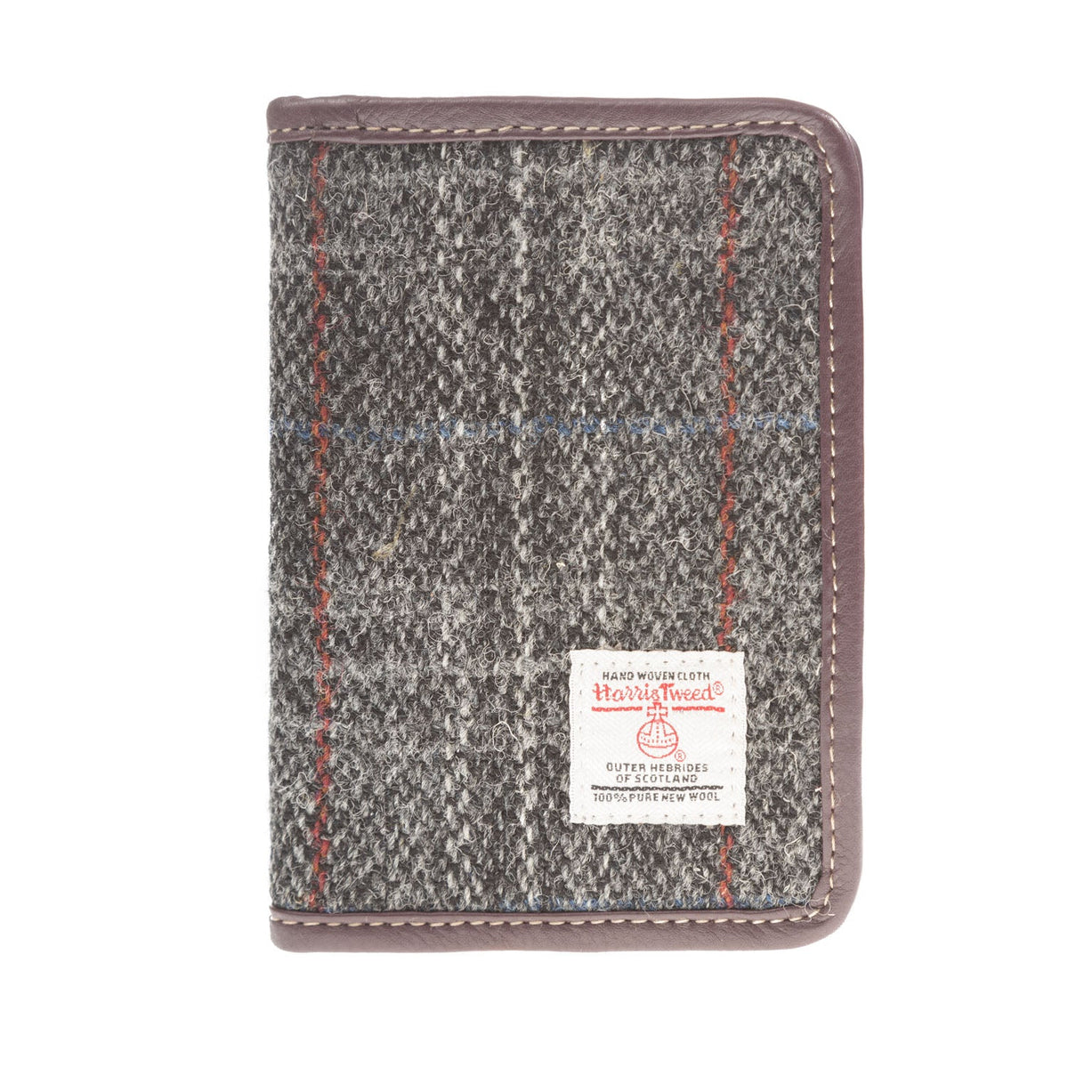 Harris Tweed Leather Passport Cover Grey & Red Check / Maroon | Herita ...